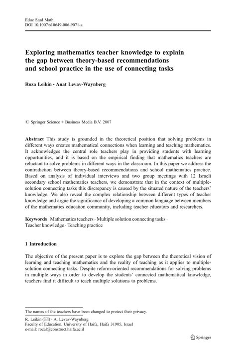 Pdf Exploring Mathematics Teacher Knowledge To Explain The Gap Between Theory Based