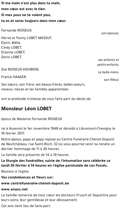 Avis De Décès De Léon Lobet Décédé Le 16022017 à Libramont Chevigny Annonce Condoléances