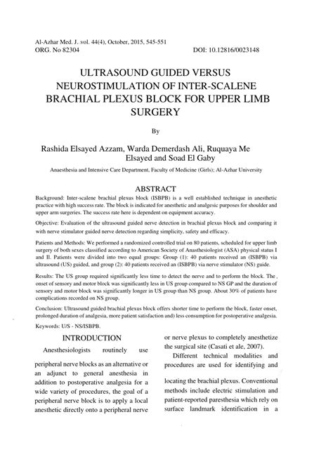 Pdf Ultrasound Guided Versus Neurostimulation Of Inter Scalene