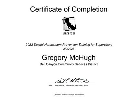Gregory Mchugh Sexual Harassment Training Certificate Bell Canyon