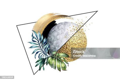 열대 야자수 잎기와 기하학적 모양 삼각형 반달 창조적 인 브러시 스트로크와 황금 호일 질감 흰색 배경에 격리 된 추상적 인 트렌디 콜라주 0명에 대한 스톡 벡터 아트 및