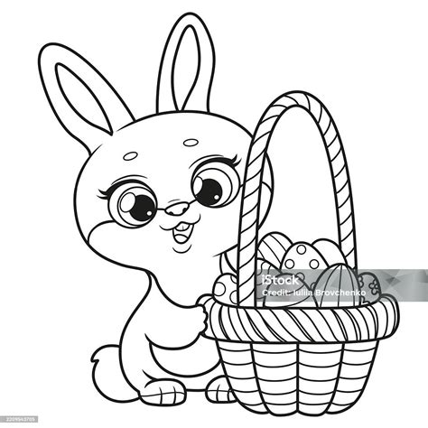 부활절 장식 달걀 바구니가 있는 귀여운 만화 토끼는 흰색 배경에 색칠하기 위해 윤곽이 잡혀 있습니다 어떤 단계에서든 어떠한 형태의 Ai 소프트웨어도 사용하지 않고 생성된