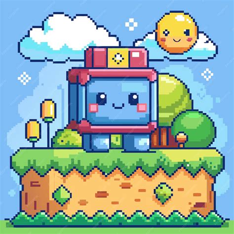 Pixelated Cute Character Standing On A Platform With Trees And A Yellow Sun In A Blue Sky