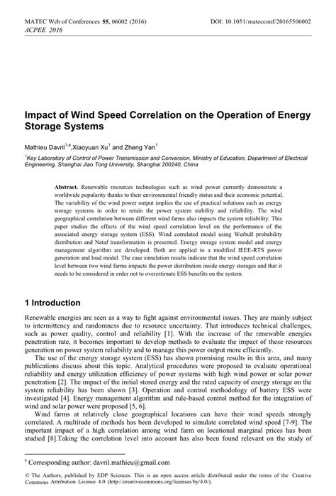 PDF Impact Of Wind Speed Correlation On The Operation Of Energy Storage Systems