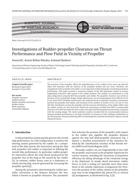pdf investigations of propeller rudder clearance on propulsion