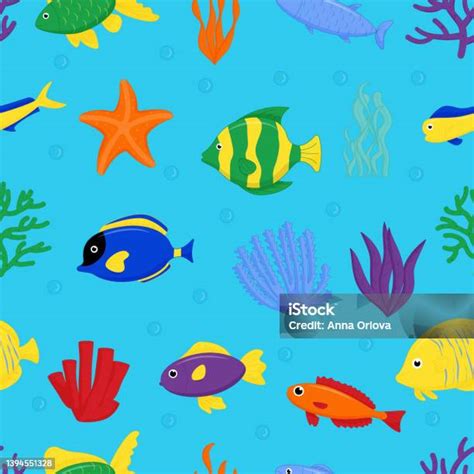 귀여운 바다 물고기 원활한 패턴 바다의 벡터 만화 캐릭터 열대어 바다에 대한 스톡 벡터 아트 및 기타 이미지 바다 우정