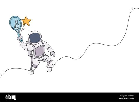 Single Continuous Line Drawing Of Floating Science Astronaut In Spacewalk Hitting Star Using