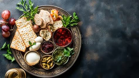 Passover Table Setting With A Traditional Passover Seder Plate With Symbolic Meal Matzah And