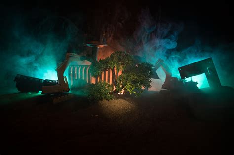 숲 삼림 벌채가 고 굴 삭 기 숲 제거 후 나무 젊고 아름 다운 여자와 뿌리를 발굴 하는 데 사용 어두운 톤의 안개 테이블 장식으로 개념 갈고리 발톱에 대한 스톡 사진 및