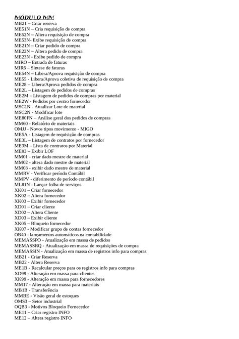 Módulo Mm Transações Sap Para Gestão De Compras E Materiais Resumos Matemática Docsity