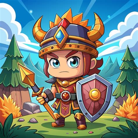 Cartoon Warrior With A Spear And Shield In A Fantasy Landscape