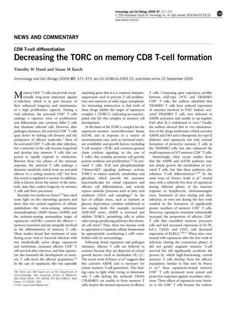 Pdf Decreasing The Torc On Memory Cd8 T Cell Formation
