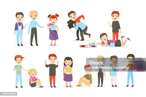 학교 왕따 플랫 벡터 그림 세트입니다 신체적 심리적 학대 교실 갈등 아이들과 싸우고 흰색 배경에 고립 된 동공 만화 캐릭터