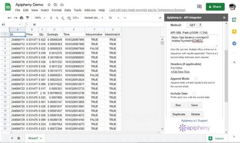 Binance API Example Google Sheets Integration Tutorial Apipheny