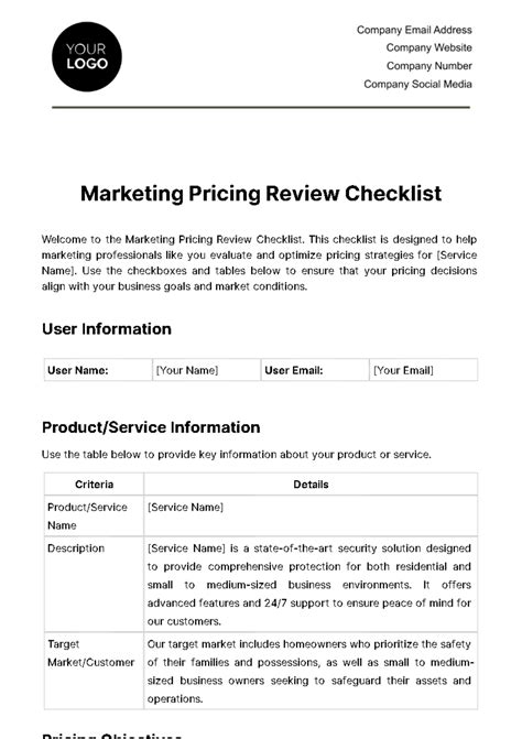 Free Marketing Pricing Review Checklist Template To Edit Online