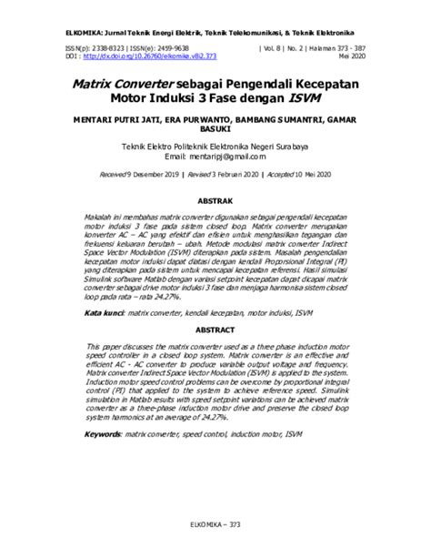 Pdf Matrix Converter Sebagai Pengendali Kecepatan Motor Induksi 3 Fase Dengan Isvm