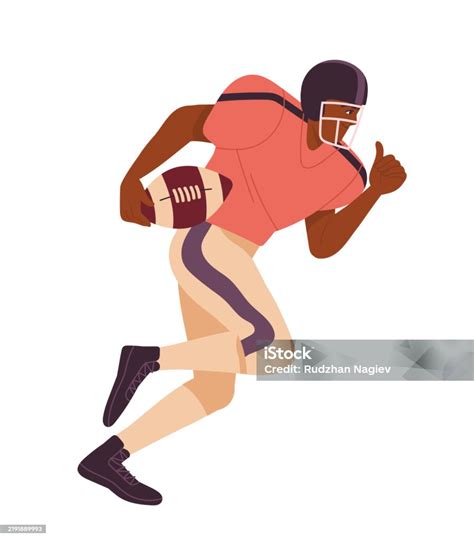 미식 축구 장면 남자들은 손에 공을 들고 달린다 스타디움의 쿼터백 선수 스포티한 유니폼을 입은 스포츠맨 도전과 경쟁 평면 벡터 일러스트 레이 션 공 스포츠 장비에 대한 스톡