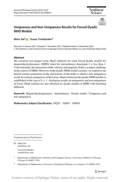 Uniqueness And Non Uniqueness Results For Forced Dyadic Mhd Models Request Pdf