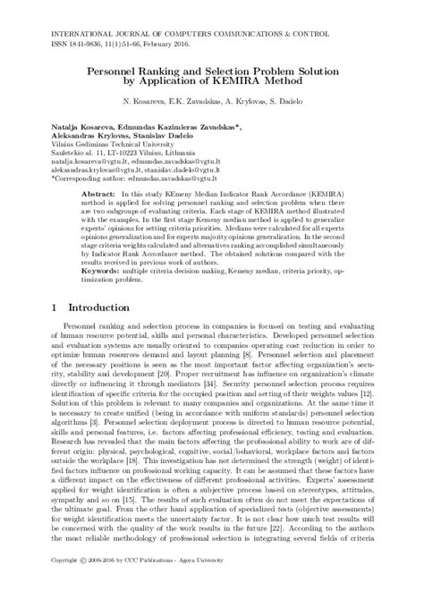 Pdf Personnel Ranking And Selection Problem Solution By Application Of Kemira Method
