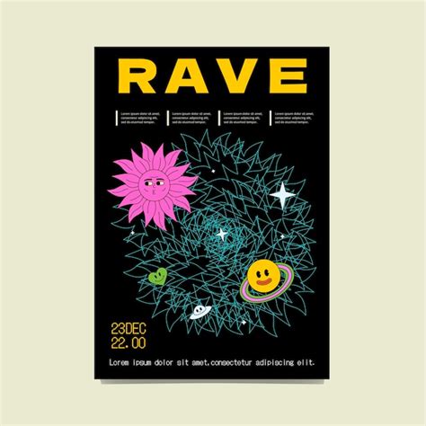 Premium Vector Minimalistic Rave Poster With Groovy Sun Smiling Planet And Lined Background