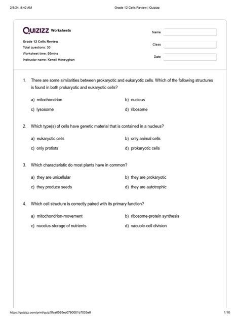 Grade 12 Cell Structure Quiz Review Pdf Cell Biology Organisms