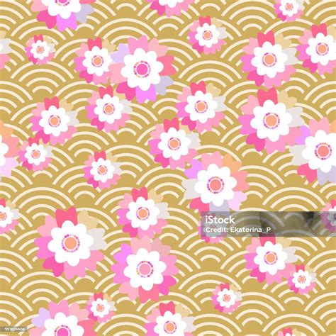 사쿠라 꽃 원활한 패턴 핑크 꽃 꽃 자연 배경입니다 갈색 일본 겨자 노란색 배경에 원형 패턴 파스텔 색상을 물결 친다 벡터 0명에 대한 스톡 벡터 아트 및 기타 이미지