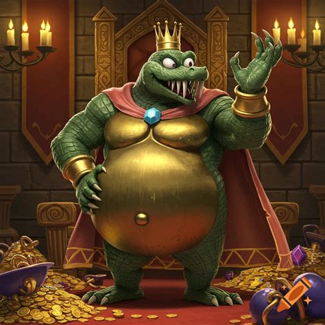 King K Rool With A Huge Golden Belly Wearing A Crown And Cape Stands