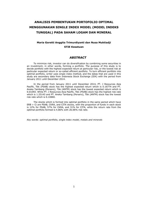 Pdf Analisis Pembentukan Portofolio Optimal Menggunakan Single Index Model Model Indeks