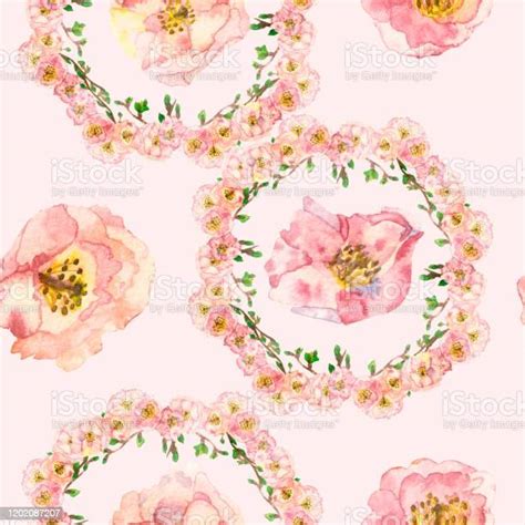 수채화 손 그린 자연 꽃 무음 패턴 핑크 사과 꽃 꽃 노란색 센터와 원 화환 핑크 배경에 고립 된 질감에 대 한 트렌디 한 로맨틱 한 인쇄 개화기에 대한 스톡 벡터 아트 및