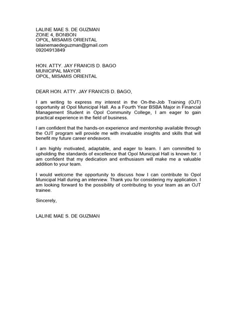 Letter For Ojt Laline Pdf