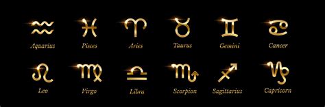 검은 색 배경에 이름이 설정된 황금 조디악 표지판 점성술 기호 및 별자리 벡터 일러스트레이션 빛나는 금속 물병자리 물고기자리 양자리 타우루스 쌍둥이 자리 암 레오 처녀자리