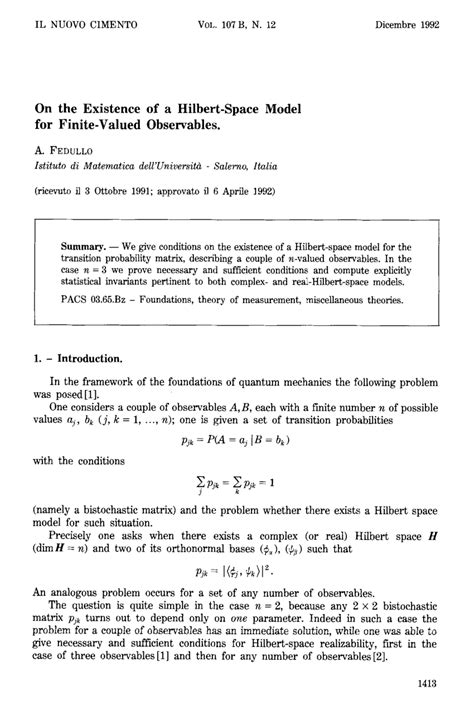 PDF On The Existence Of A Hilbert Space Model For Finite Valued Observables