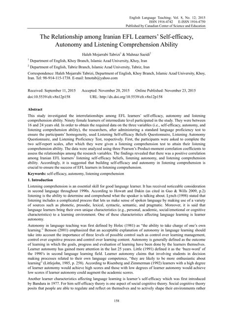Pdf The Relationship Among Iranian Efl Learners Self Efficacy Autonomy And Listening