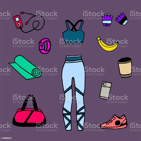 스포츠 용품 그려진 피트니스 체육관 활동 라이프 스타일 개념의 세트 낙서 스케치 스타일입니다 개념에 대한 스톡 벡터 아트 및