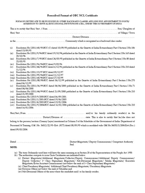 Format Of Obc Ncl Certificate 1 Magistrate Government Of India