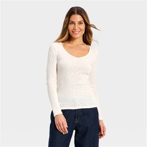 Womens Long Sleeve Ribbed V Neck T Shirt Universal Thread™ Cream S 1