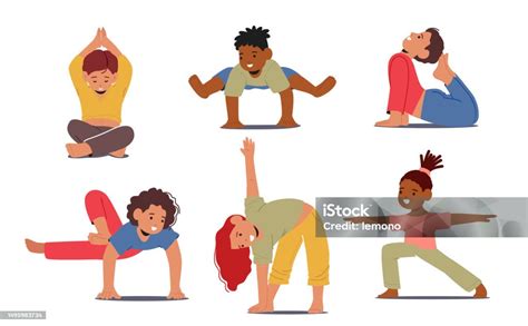 요가에 참여하고 마음챙김과 움직임을 탐구하는 아이들 유연성 균형 및 이완을 촉진하는 캐릭터 아이에 대한 스톡 벡터 아트 및 기타