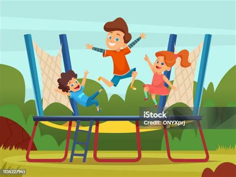점프 트램 폴 린 아이 놀이터에서 활동적인 어린이 게임 벡터 만화 배경 트램폴린에 대한 스톡 벡터 아트 및 기타 이미지 트램폴린 자연 풍치지구 트램펄린 스포츠