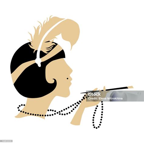 개츠비 스타일의 소녀 아르 데코 스타일 짧은 이발과 마우스 피스에 담배를 가진 아름다운 소녀 디자인과 웹을 위해 흰색 배경에