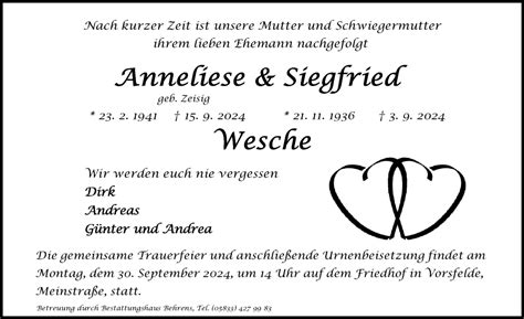 Traueranzeigen Von Anneliese Wesche Trauer Anzeigen De