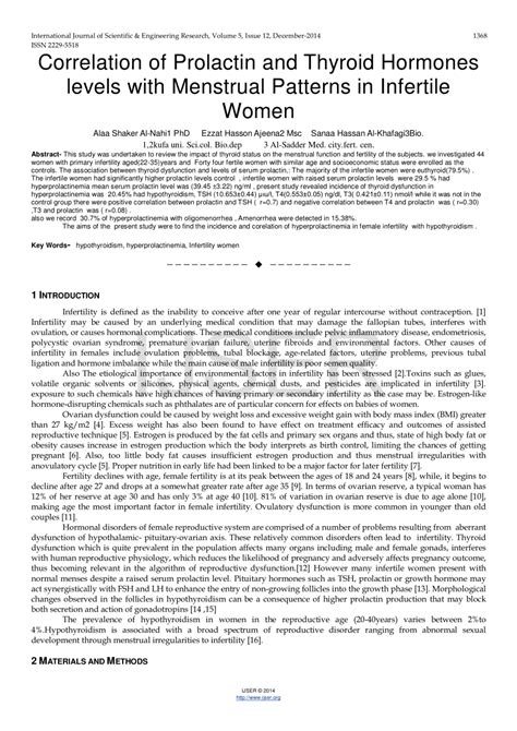 Pdf Correlation Of Prolactin And Thyroid Hormones Levels With Menstrual Patterns In Infertile