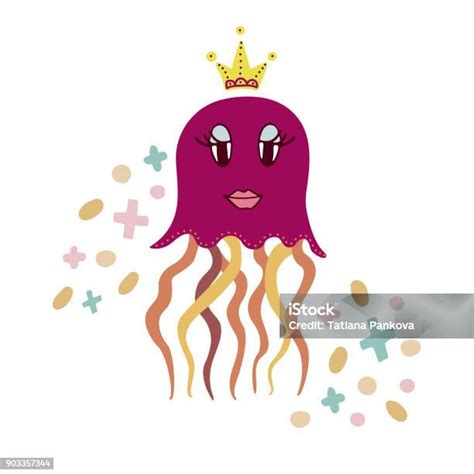 왕관과 함께 해파리와 사랑 스러운 그림입니다 카드 달력 옷과 노트북에 인쇄에 대 한 것입니다 개체 그룹에 대한 스톡 벡터 아트 및 기타 이미지 Istock