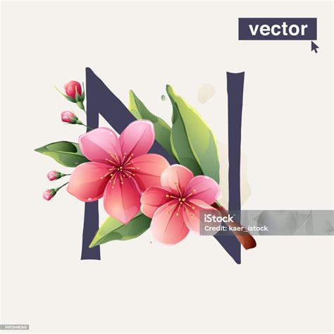 N 문자 로고는 사쿠라 피는 꽃입니다 벡터 사실적인 수채화 스타일입니다 분홍색 벚꽃잎 꽃 봉오리 가지 및 녹색 잎 4월에 대한 스톡 벡터 아트 및 기타 이미지 Istock