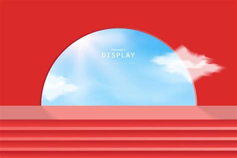 사실적인 빨간 받침대 연단 계단 사다리와 구름 푸른 하늘 반원 문 모양의 태양이 있는 추상적인 3d 배경 3d 벡터 기하학적 플랫폼 디자인 쇼 제품 화장품을 위한 무대 0