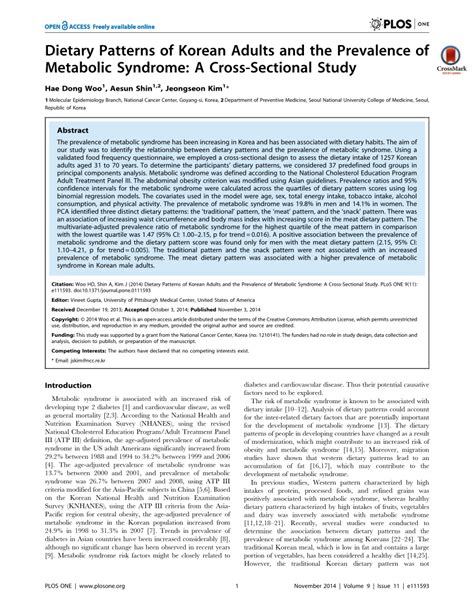 Pdf Dietary Patterns Of Korean Adults And The Prevalence Of Metabolic