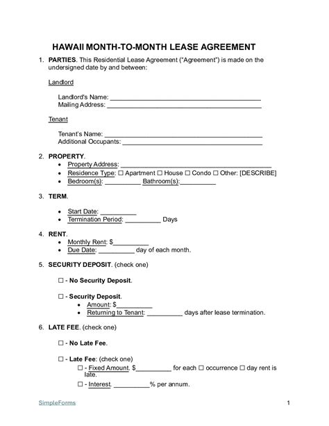 Hawaii Month To Month Lease Agreement Template Simple Forms