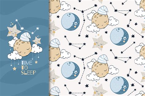 만화 잠자는 행성과 별 카드 템플릿 과 원활한 패턴 세트 손으로 그린 그림 섬유 표면 디자인 아기에 대한 스톡 벡터 아트 및 기타 이미지 Istock