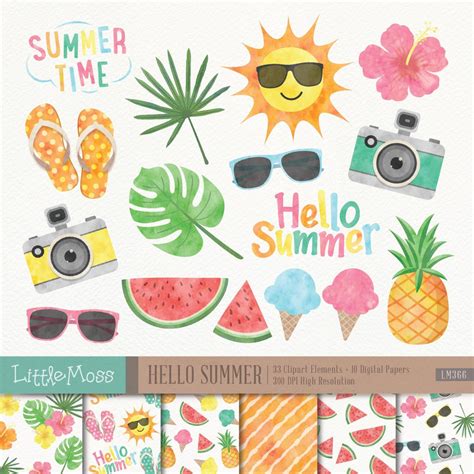 Summer Digital Clipart And Papers Watercolor Summer Clipart Summer