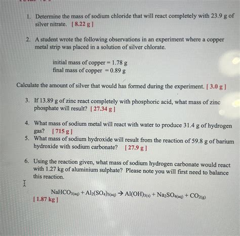 Solved Determine The Mass Of Sodium Chloride That Will React Chegg