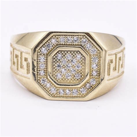 Mens Full Octagon Cz Greek Style Ring In 10k Yellow Gold Mens Rings